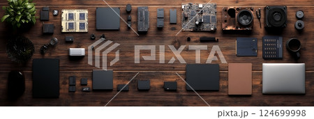 Flat lay of computer components and accessories...のイラスト素材 [124699998 ...