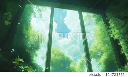 Green leaves falling from trees outside window...のイラスト素材 [124723783 ...