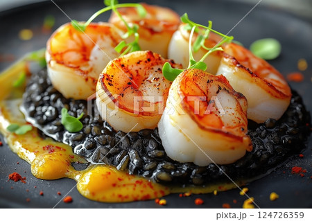 Risotto nero with seafood and olive oil drizzleのイラスト素材 [124726359] - PIXTA