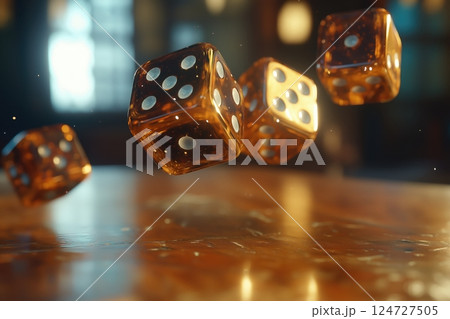 Dice mid-roll on a polished wooden surface,...のイラスト素材 [124727505] - PIXTA