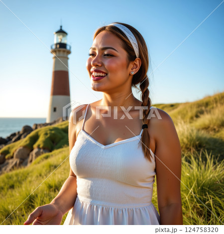 A smiling woman stands by a lighthouse.のイラスト素材 [124758320] - PIXTA