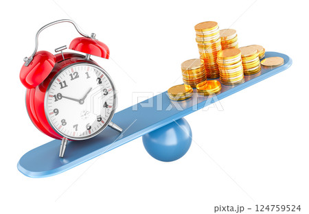 Money and alarm clock on balance scale. 3D...のイラスト素材 [124759524] - PIXTA