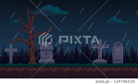 Graveyard in rainy weather pixel art...のイラスト素材 [124786529] - PIXTA