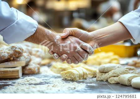 Two chefs shake hands in a bakery, surrounded...のイラスト素材 [124795681] - PIXTA