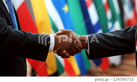 Two individuals in suits shake hands in front...のイラスト素材 [124795713] - PIXTA
