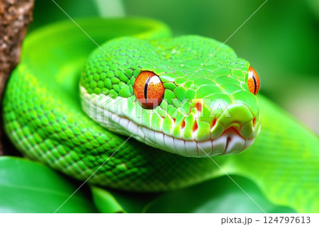 Bright Green Python Snake with Unique Skin...のイラスト素材 [124797613] - PIXTA