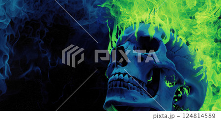 glowing green flaming skull emerges from...のイラスト素材 [124814589] - PIXTA