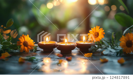 Puja table with lights and flowers. Basanta...のイラスト素材 [124817891] - PIXTA
