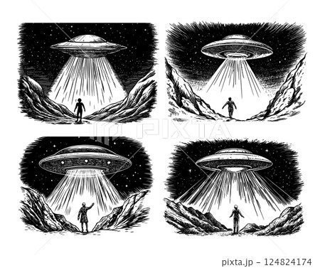 Ufo saucer engraving stealing man. Back view...のイラスト素材 [124824174] - PIXTA