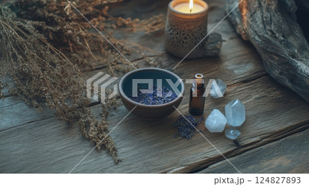 Flat lay of spiritual aromatherapy ritual with...のイラスト素材 [124827893 ...