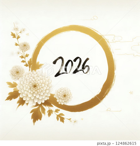 2026 Zen Ink Circle with Gold floral Blossom...のイラスト素材 [124862615] - PIXTA