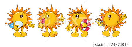 Retro sun mascot character in various posesのイラスト素材 [124873015] - PIXTA