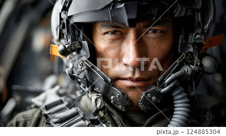 Close-up of focused asian male pilot in helmet...のイラスト素材 [124885304 ...