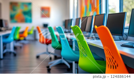 Modern computer lab with colorful chairs and...のイラスト素材 [124886144] - PIXTA