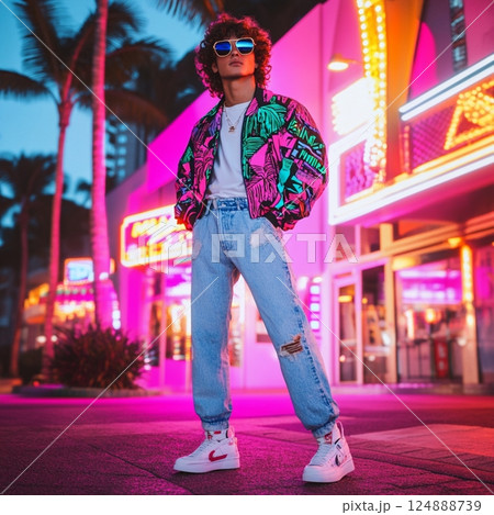 Retro 80s Neon Style Fashion Male Model in...のイラスト素材 [124888739] - PIXTA