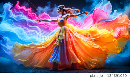 A woman in a colorful dress is dancing in the airのイラスト素材 [124891080 ...