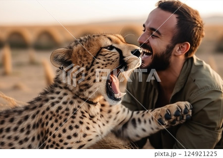Cheetah stretching near zookeeper, displaying...のイラスト素材 [124921225] - PIXTA