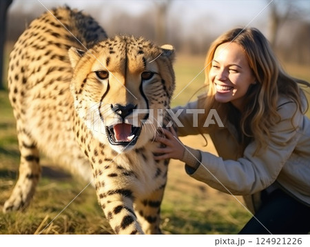 Cheetah stretching near zookeeper, displaying...のイラスト素材 [124921226] - PIXTA