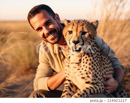 Cheetah stretching near zookeeper, displaying...のイラスト素材 [124921227] - PIXTA