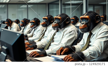 illustration of a team of monkey employees in a...のイラスト素材 [124929171 ...