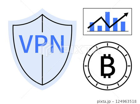 VPN shield with VPN text, Bitcoin coin symbol,...のイラスト素材 [124963518 ...