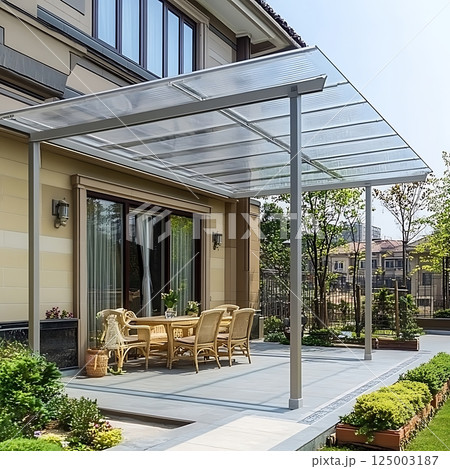 Elegant outdoor patio with transparent roof and...のイラスト素材 [125003187 ...