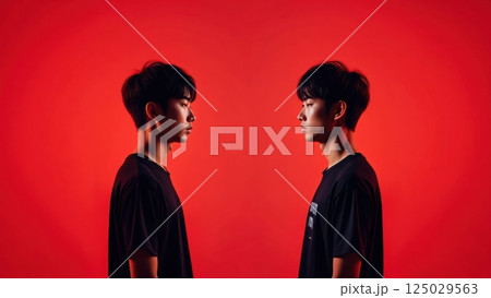 Two identical people fave to face, doppelganger...のイラスト素材 [125029563 ...