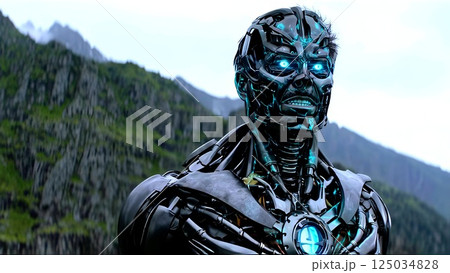Metallic robot with glowing eyes baring sharp...のイラスト素材 [125034828] - PIXTA