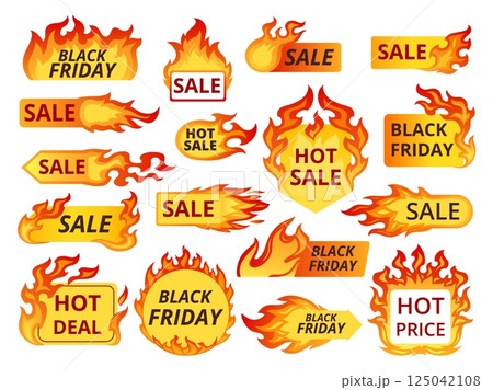 Sale fire badges. Hot deal flame label tag,...のイラスト素材 [125042108] - PIXTA
