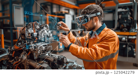 A mechanic in a workshop uses augmented reality...のイラスト素材 [125042279 ...