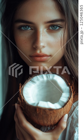 Stunning woman with coconuts highlights beauty...のイラスト素材 [125046365 ...