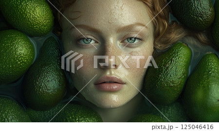 Beautiful woman with avocados embracing natural...のイラスト素材 [125046416 ...