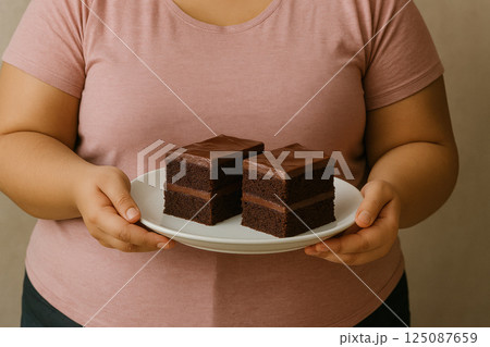 Obese person holding plate with two slices of...のイラスト素材 [125087659] - PIXTA