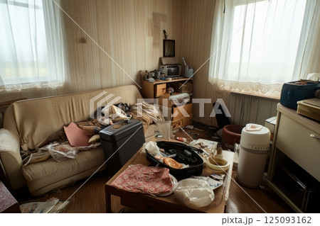 Messy living room interior showcasing cluttered...のイラスト素材 [125093162 ...