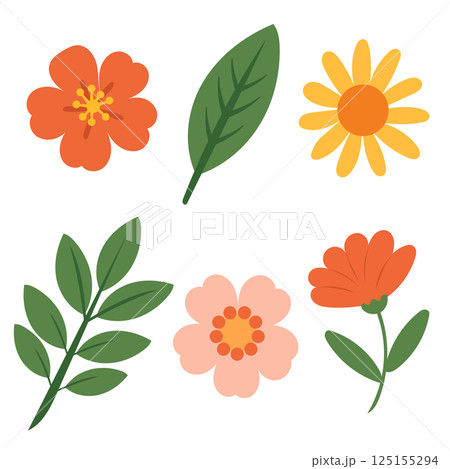 Set of simple flat flowers and leavesのイラスト素材 [125155294] - PIXTA