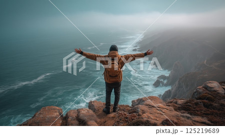 Explorer on Cliff Overlooking Oceanのイラスト素材 [125219689] - PIXTA