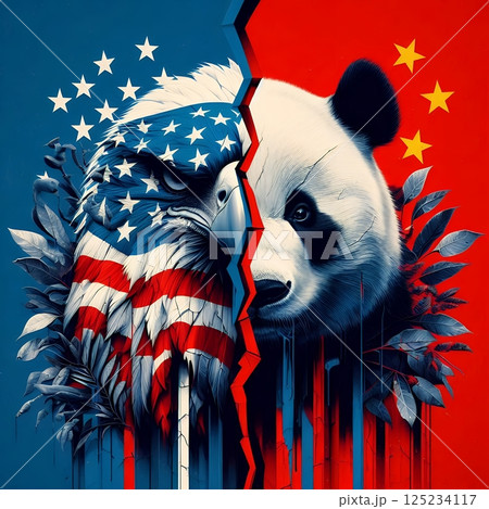 Bald Eagle vs Panda on Torn National Flags...のイラスト素材 [125234117] - PIXTA
