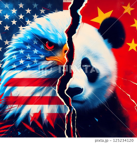 Bald Eagle vs Panda on Torn National Flags...のイラスト素材 [125234120] - PIXTA