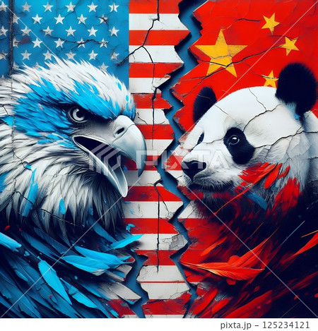 Bald Eagle vs Panda on Torn National Flags...のイラスト素材 [125234121] - PIXTA