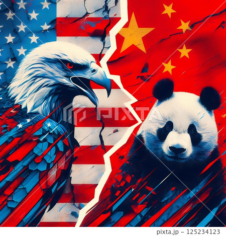 Bald Eagle vs Panda on Torn National Flags...のイラスト素材 [125234123] - PIXTA