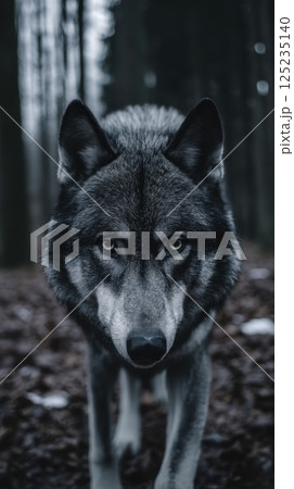 Majestic Gray Wolf Staring Intensely in a Dark...のイラスト素材 [125235140 ...