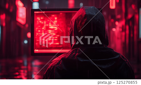 Hooded figure silhouette looking at screen with...のイラスト素材 [125270855 ...
