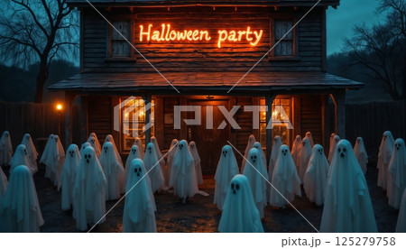 A crowd of ghosts at the entrance to the pub...のイラスト素材 [125279758] - PIXTA