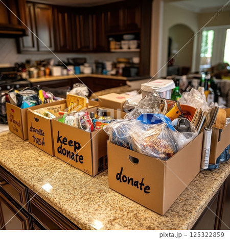 A busy kitchen countertop with sorting boxes...のイラスト素材 [125322859] - PIXTA
