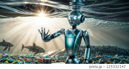 robot pointing at microplastic in ocean water...のイラスト素材 [125332147] - PIXTA