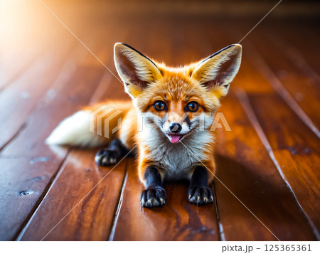 Brown furry Fennec Fox or Desert Fox crouching...のイラスト素材 [125365361 ...