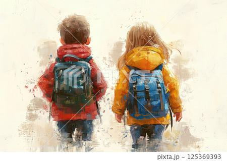 wo kids going to the school with his bags....のイラスト素材 [125369393] - PIXTA