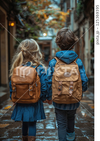 wo kids going to the school with his bags....のイラスト素材 [125369395] - PIXTA