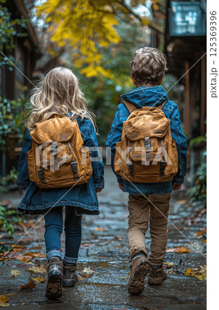 wo kids going to the school with his bags....のイラスト素材 [125369396] - PIXTA