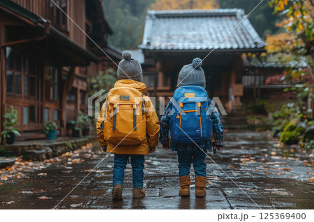 wo kids going to the school with his bags....のイラスト素材 [125369400] - PIXTA